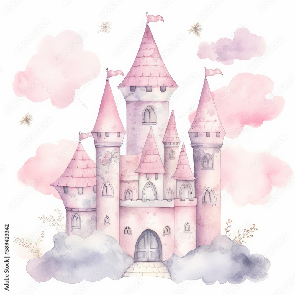 Pink Watercolor Castle Isolated. Illustration AI Generative. Stock ...