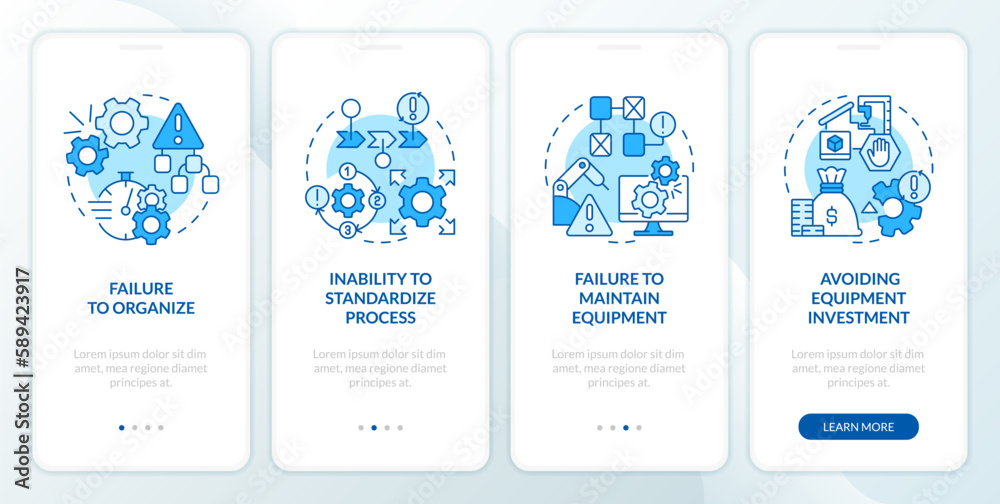SMED failure factors blue onboarding mobile app screen. Walkthrough 4 ...