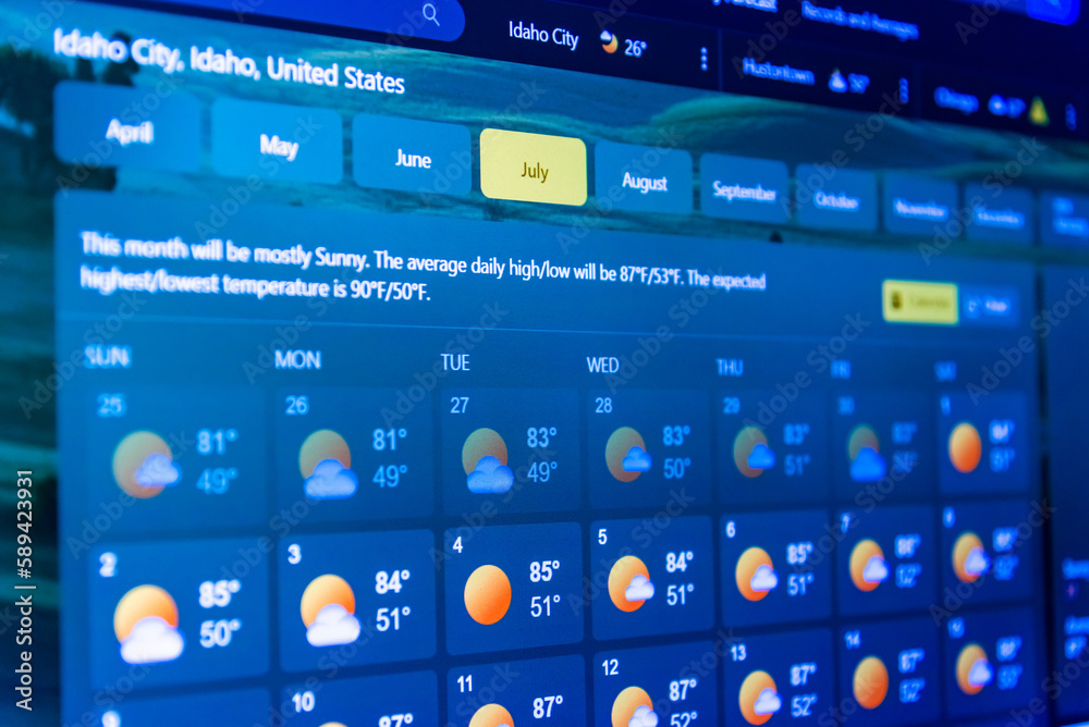 Weather forecast interface on a modern digital screen display showing ...