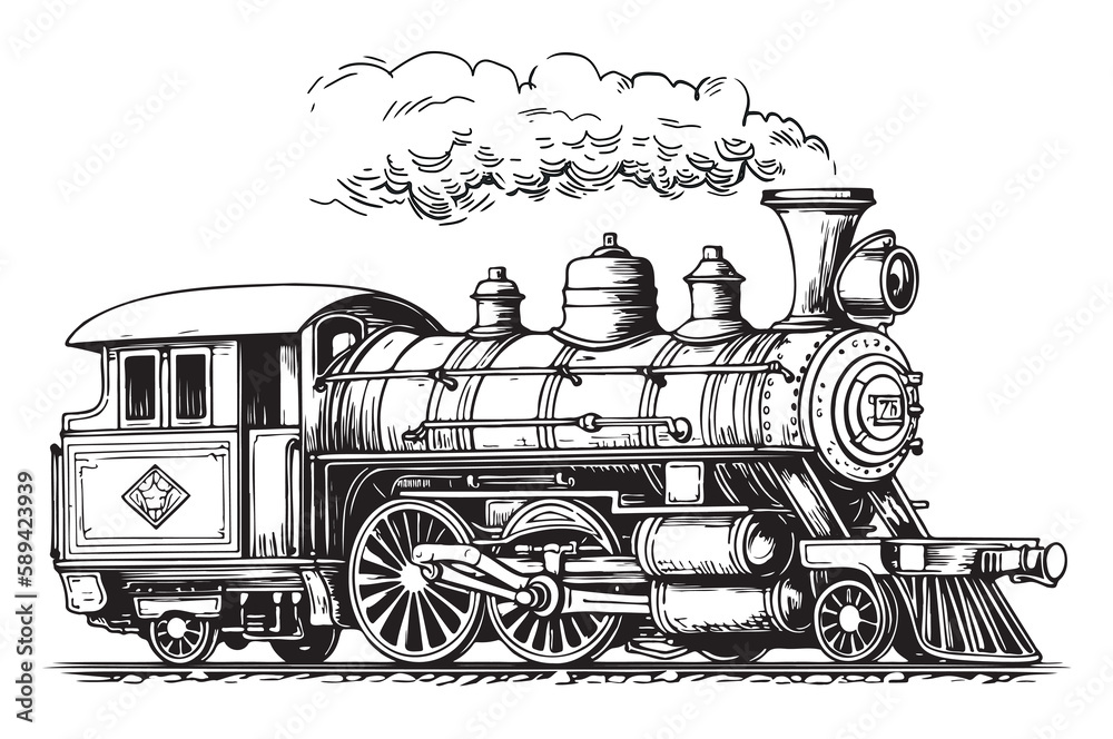 Retro steam locomotive on white background hand drawn sketch in doodle ...