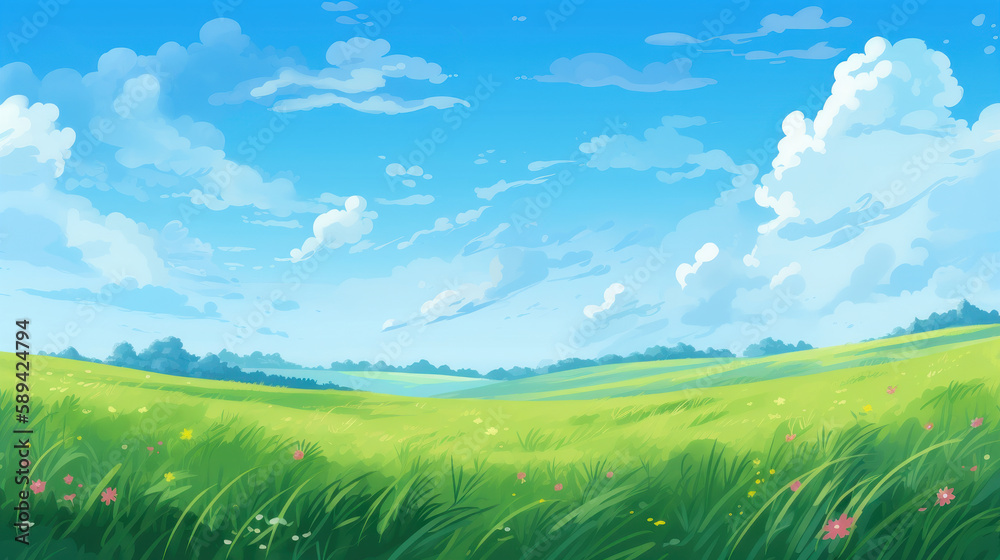 Summer fields, hills landscape, green grass, blue sky with clouds, flat ...