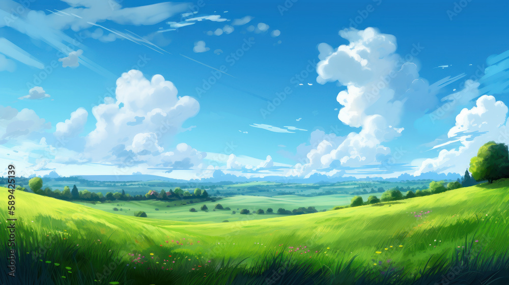 Poster Print Summer fields hills landscape green grass blue sky with clouds flat style cartoon painting illustration 40x22.2 cm