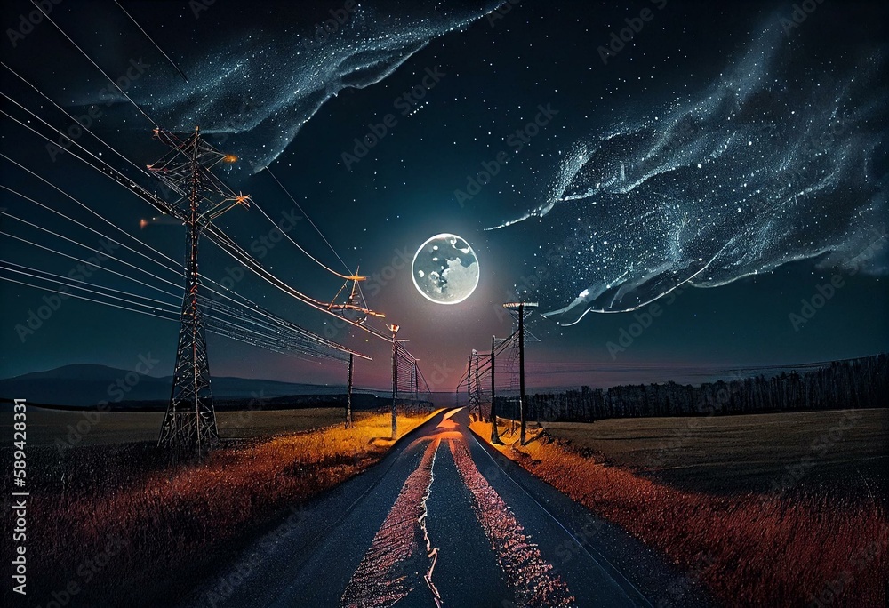 Drawing of the night road. A beautiful sky with the moon and stars ...