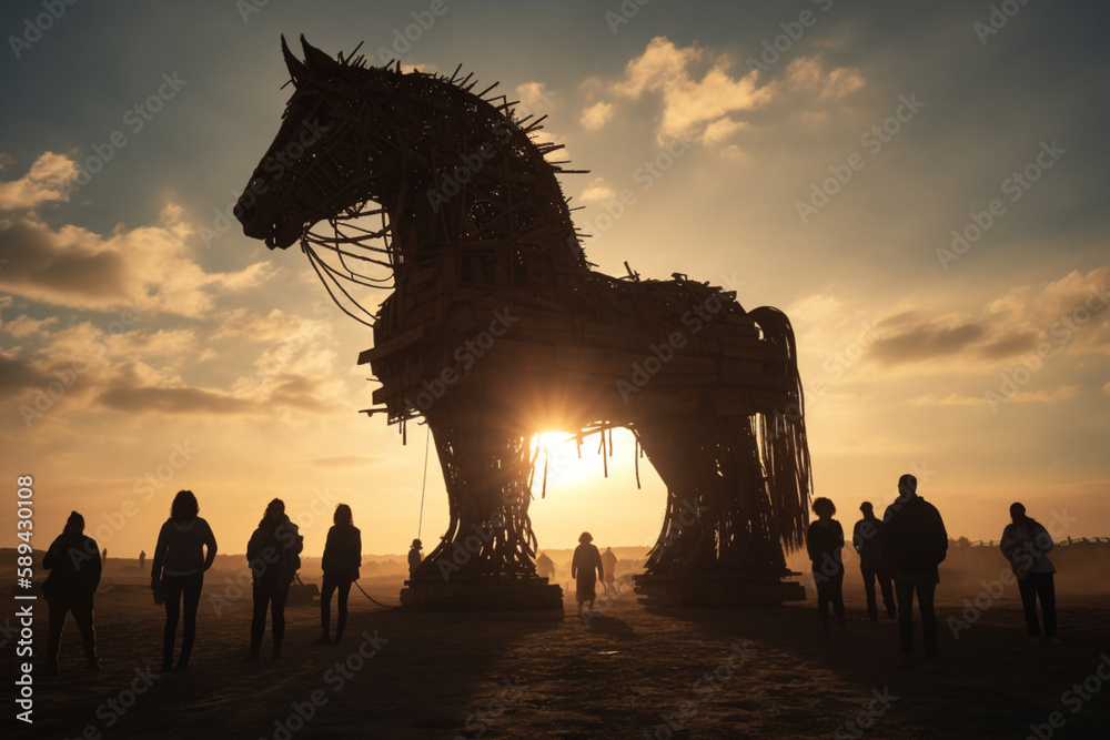 A Trojan wooden horse from Greek mythology, a siege weapon used to infiltrate Troy. The concept ...