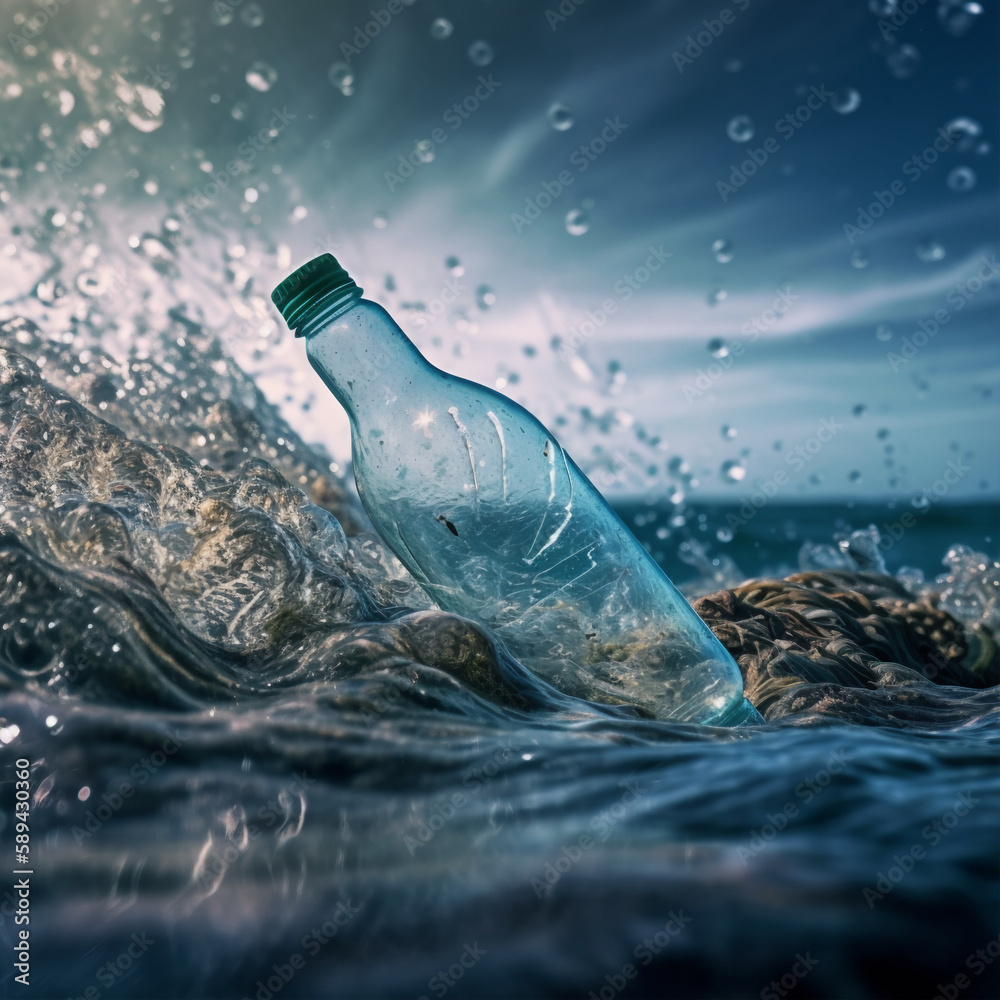 The image depicts a single bottle floating in the vast expanse of the ...