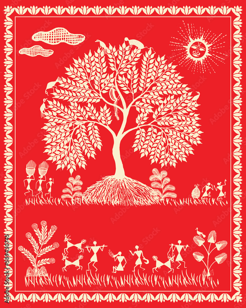 Beautiful warli painting showing indian art. Bird and Tree Warli ...