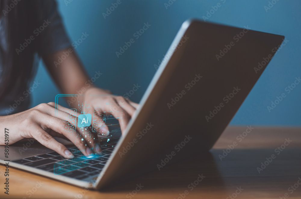 A woman is using a laptop to chat with an artificial intelligence (AI ...