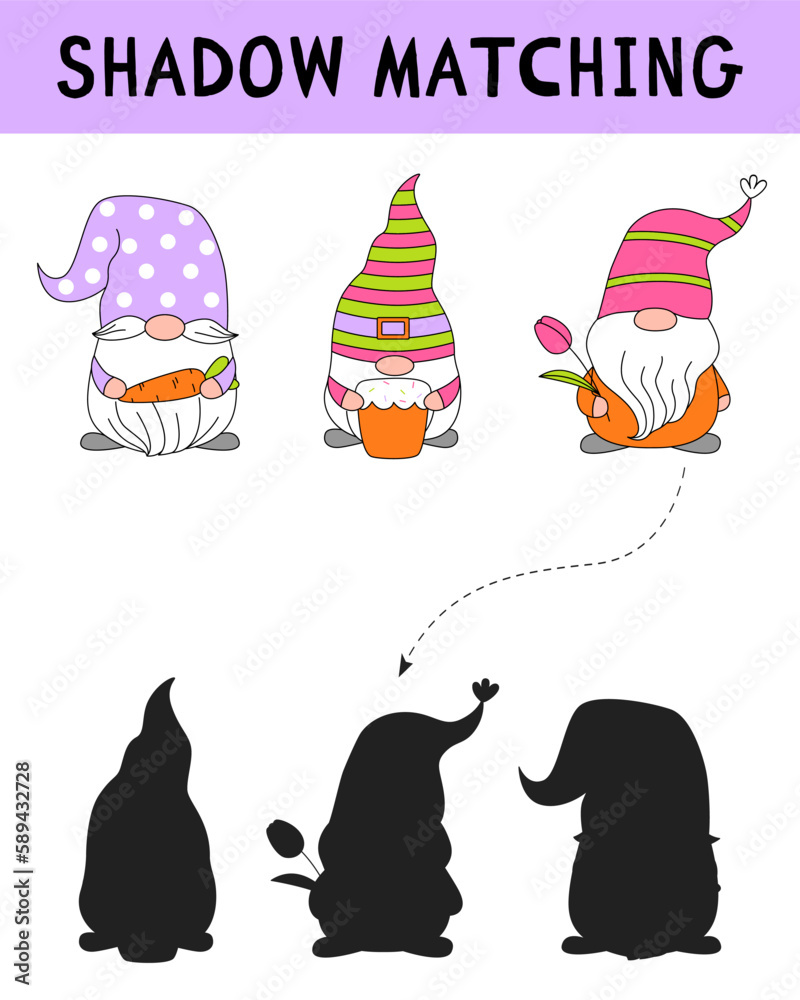 Vektorová grafika „Cute Easter gnomes shadow matching activity for ...