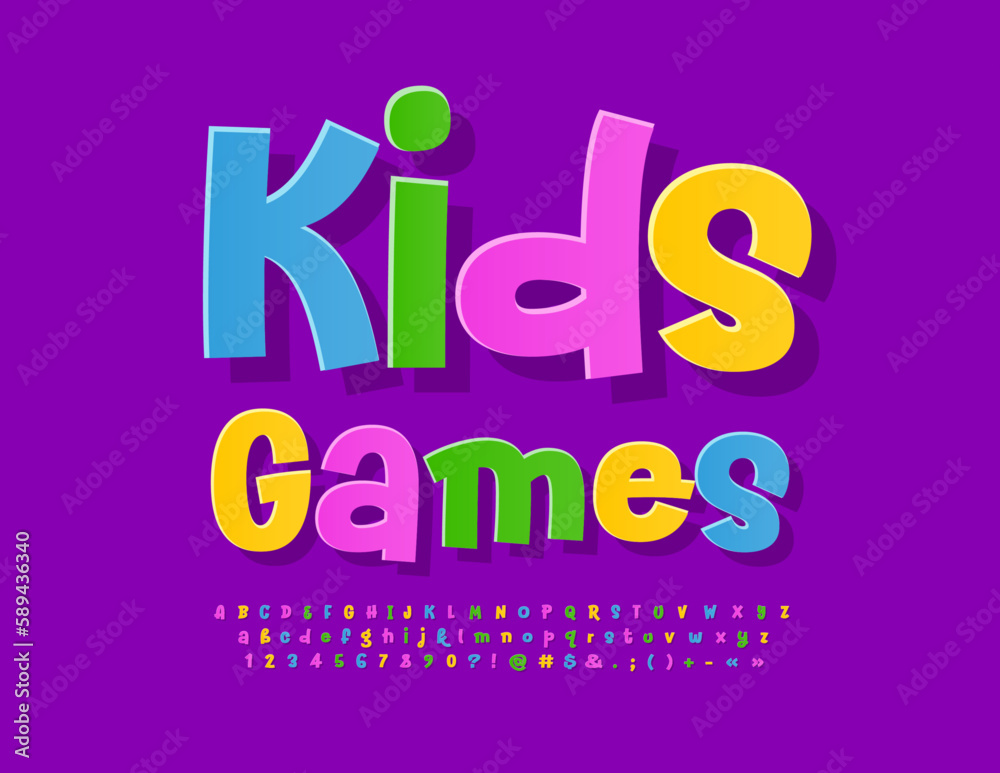 Vector colorful Emblem Kids Games. Playful style Font. Bright handwritten Alphabet Letters ...
