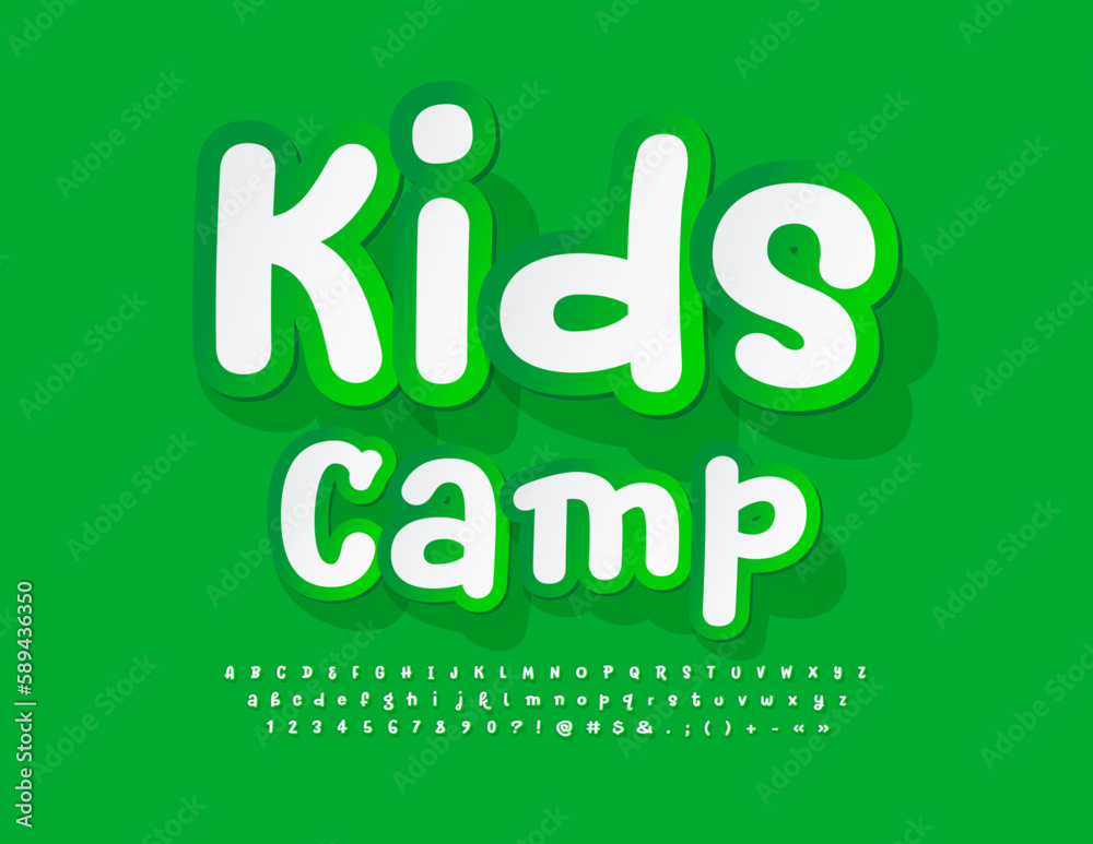 Vector recreational sign Kids Camp. Sticker style Font. Creative set of ...