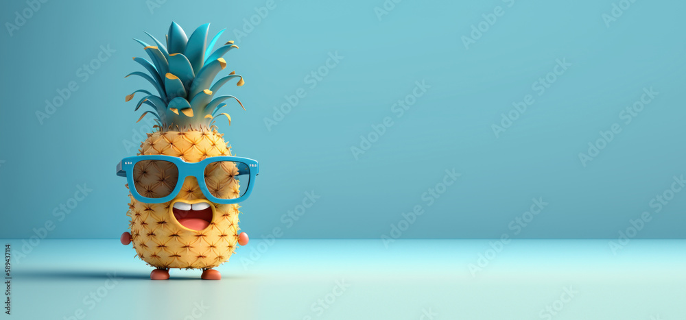 Pineapple with sunglasses on blue background, Summer vacation concept. Generative AI Stock ...