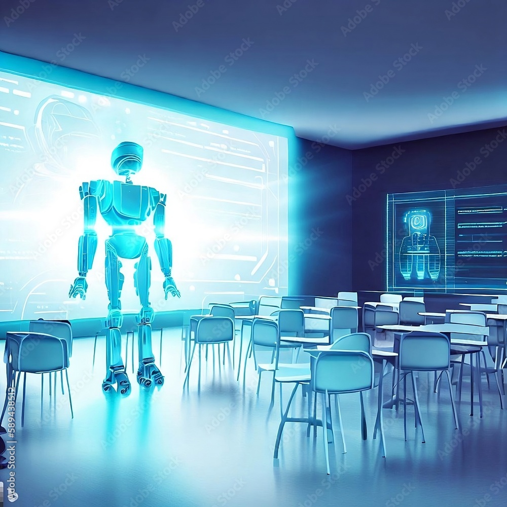 Futuristic classroom robot is teaching a class with many desks and ...