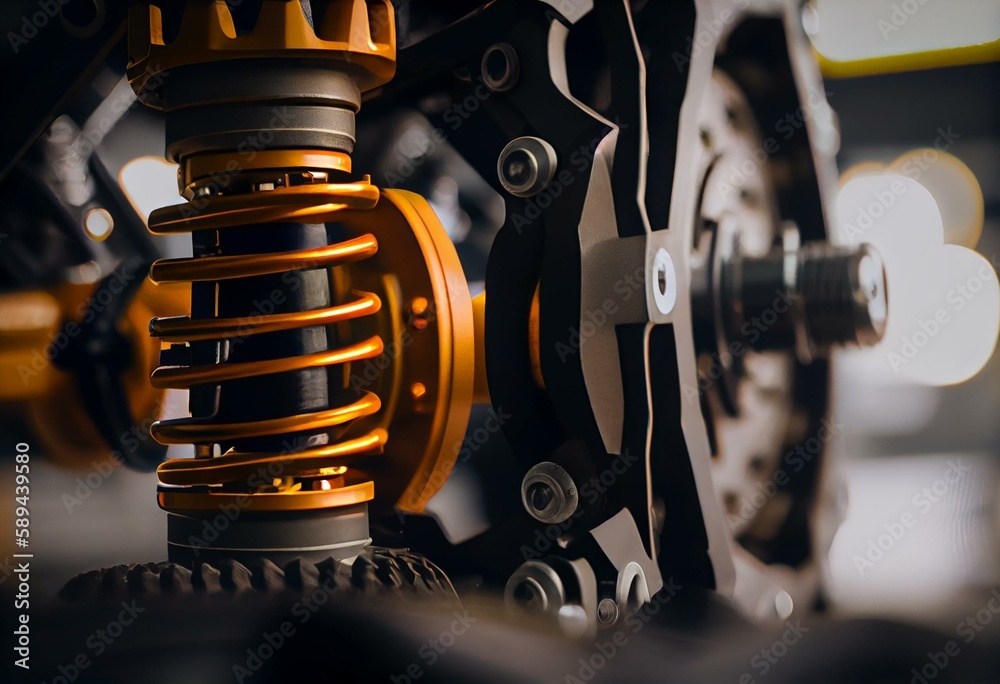 Close-up of new suspension system and shock absorber of car with wheel ...