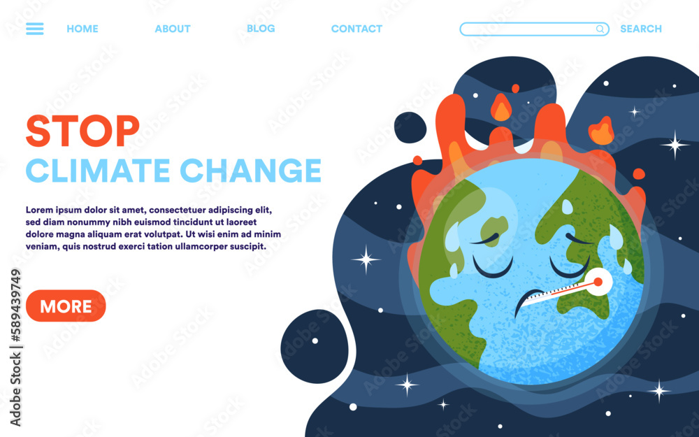 Stop climate change. Sad planet with thermometer and fire. Caring for ...