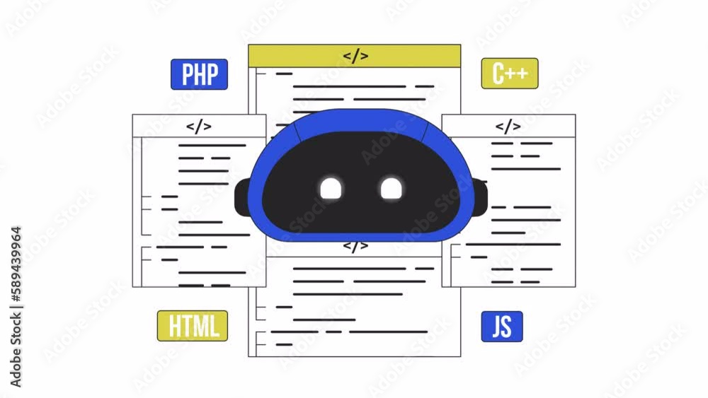 AI-assisted programming animation. Animated bot with scripts 2D cartoon ... AI-assisted programming animation. Animated bot with scripts 2D cartoon ...