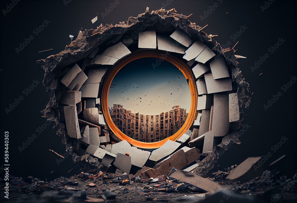 A hole in the body of a building with a pile of construction debris and ...