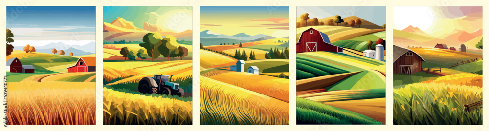 Agriculture, nature farming. Harvest, field, trees empty vector ...