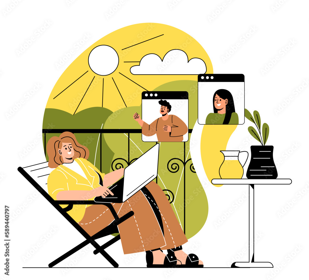 Working at home. Woman with laptop sits on balcony and communicates ...