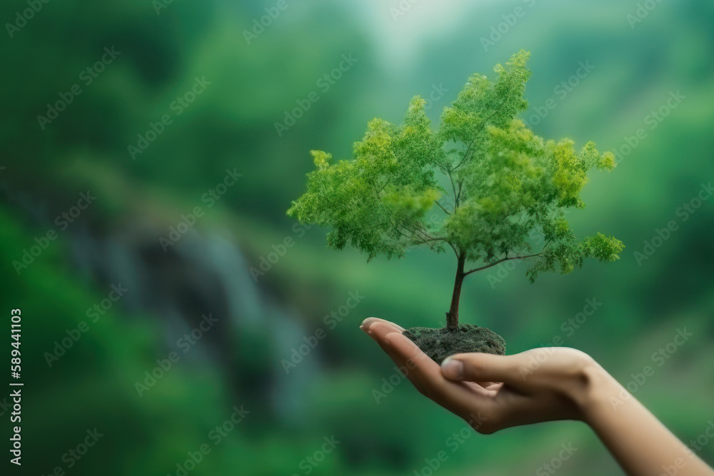 Hand holding tree on blur green nature background. Green environment ...