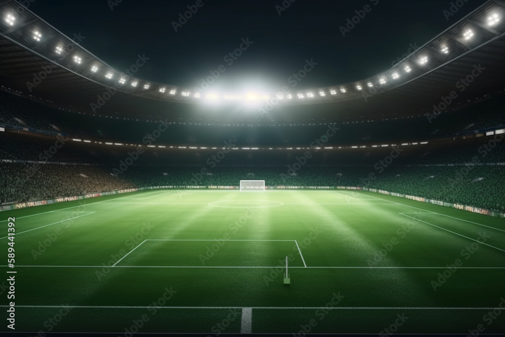 light trails on a grand football stadium green pitch view illuminated ...