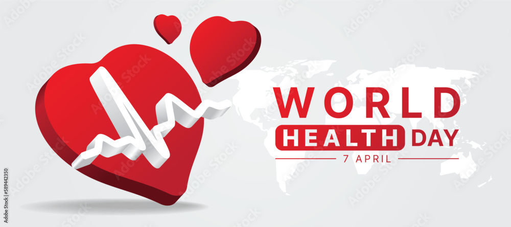 World Health Day - 3D red heart and white heart rhythm wave line sign ...