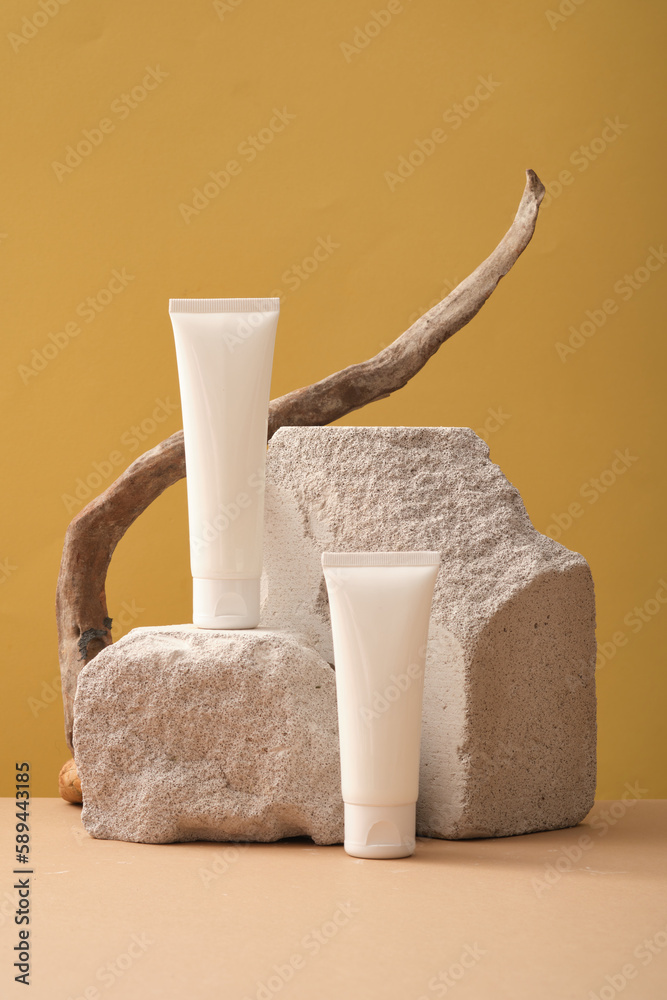 Minimal blank product display scene with unlabeled plastic bottles ...