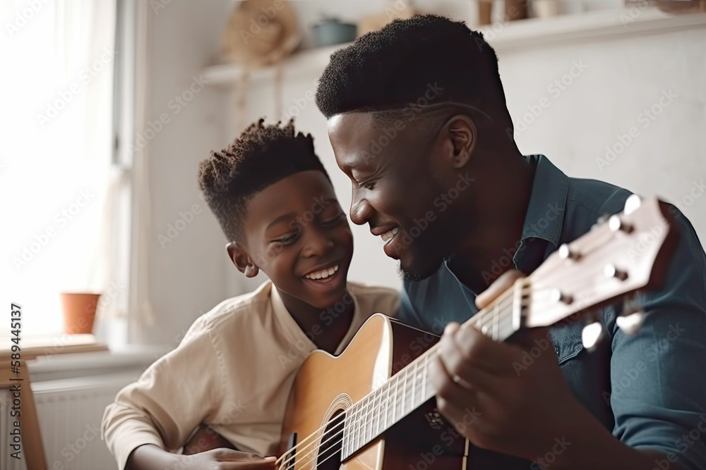 Happy Father's Day. African American Father sing with his son using ...