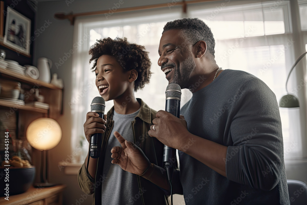 Happy Father's Day. African American Father sing with his son at home ...