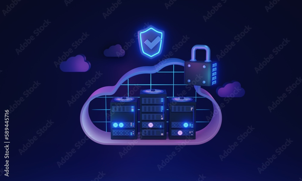 Cloud security and network file storage safety 3D illustration concept ...
