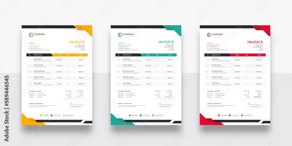 Abstract modern colorful business invoice template. color variation ...