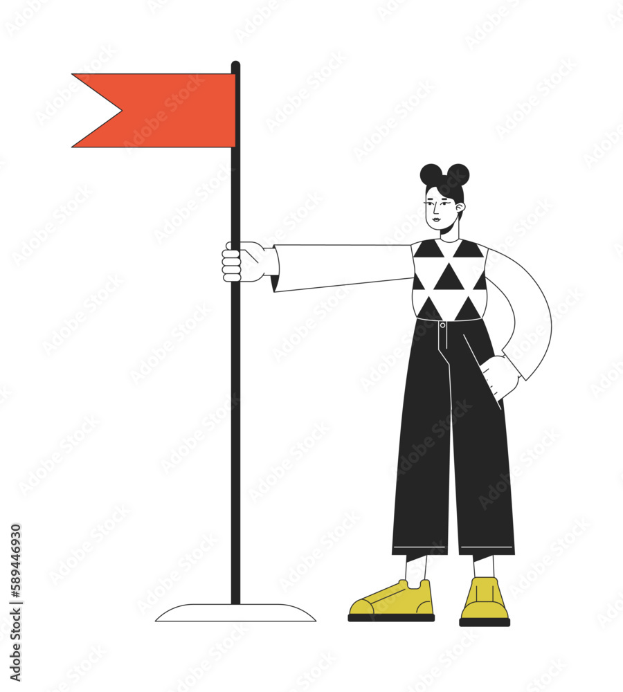 Confident girl with red flag linear flat color vector character. Goal ...