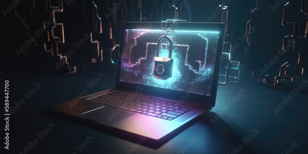 Cyber security visualized with laptop and padlock, elaborate tenwave ...
