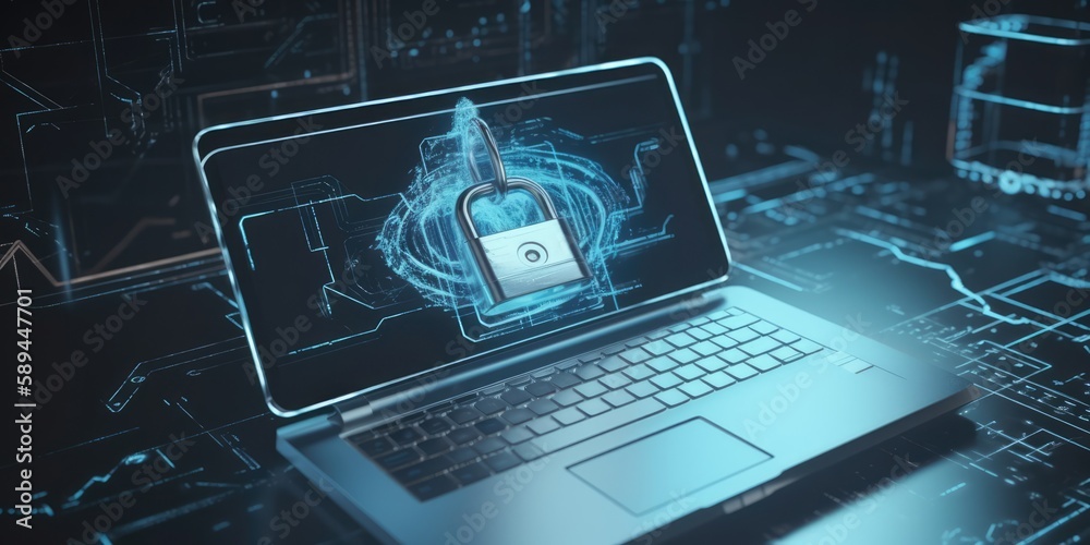 Cyber security visualized with laptop and padlock, elaborate tenwave ...