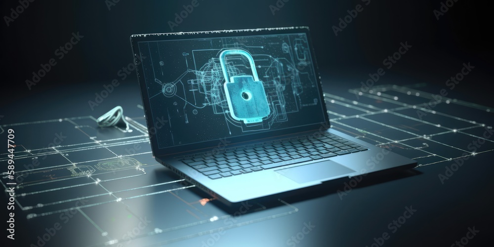Cyber security visualized with laptop and padlock, elaborate tenwave ...