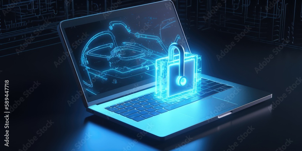 Cyber security visualized with laptop and padlock, elaborate tenwave ...