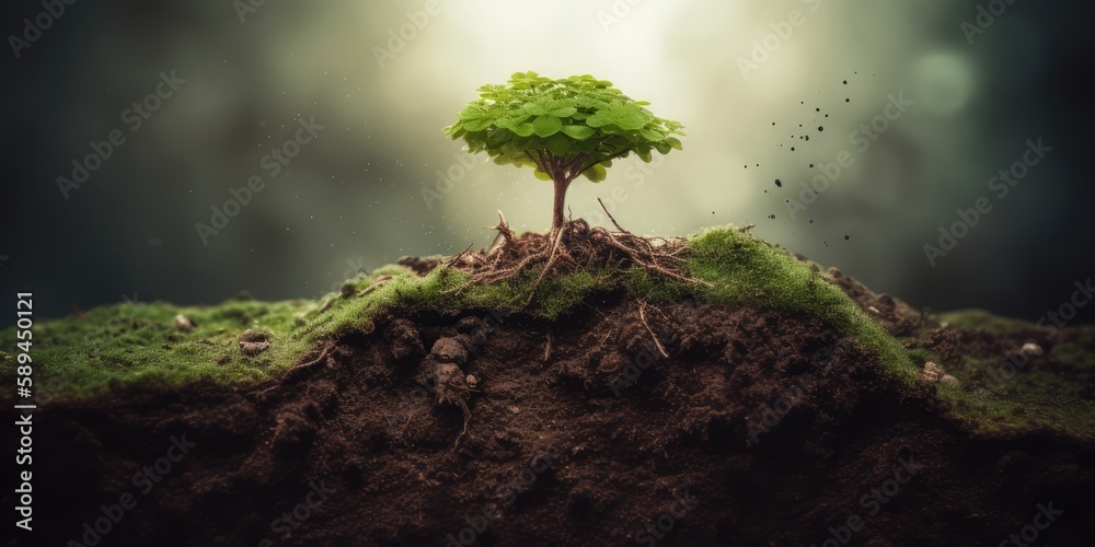 Sprouting tree in moss covered terrain, 2:1 aspect ratio, green ...