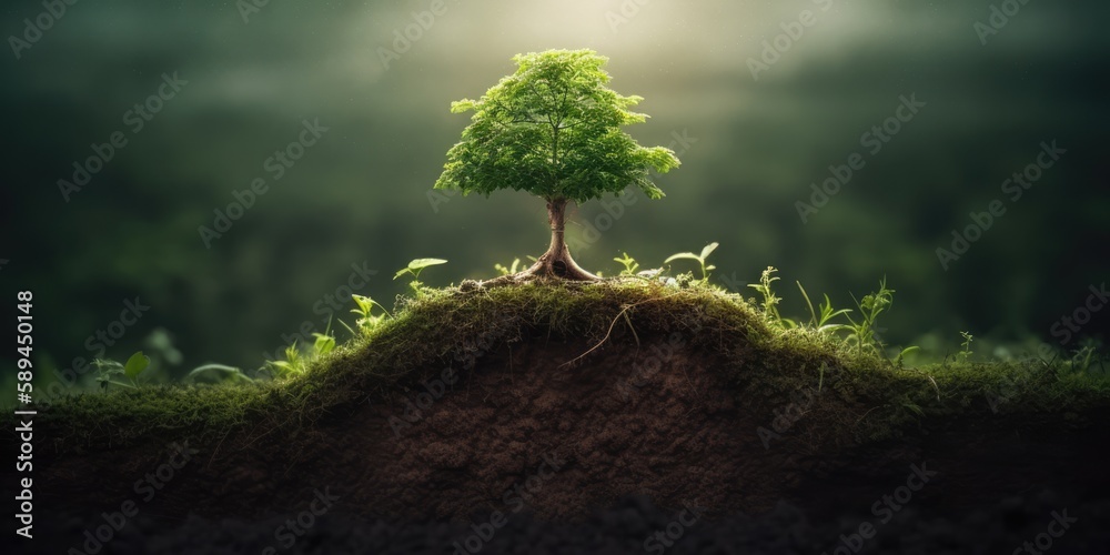 Sprouting tree in moss-covered terrain, 2:1 aspect ratio, green ...