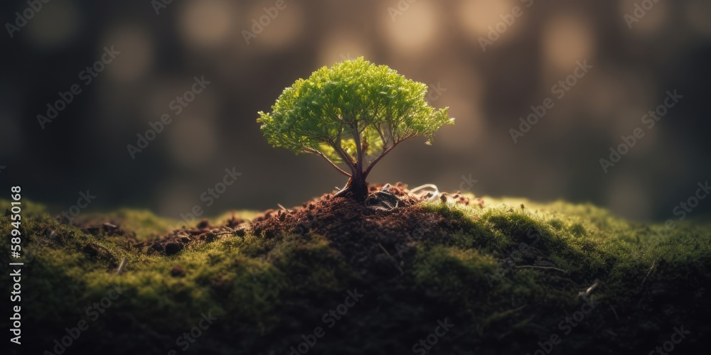 Sprouting tree in moss-covered terrain, 2:1 aspect ratio, green ...