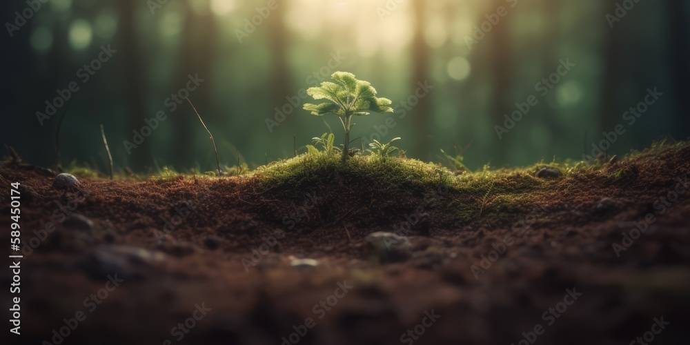 Young tree sprouting from mossy ground, light green and dark brown ...
