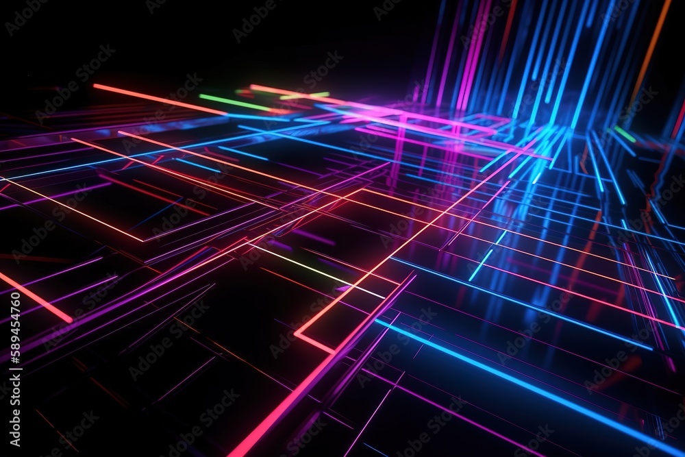3d render, abstract neon ines over black background with perspective ...