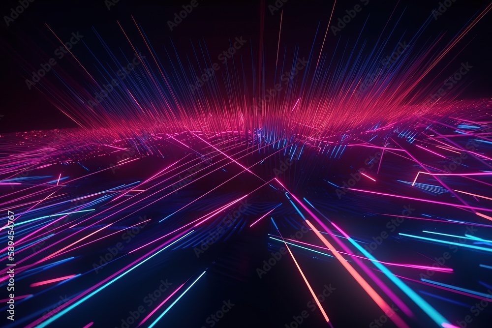 3d render, abstract neon ines over black background with perspective ...