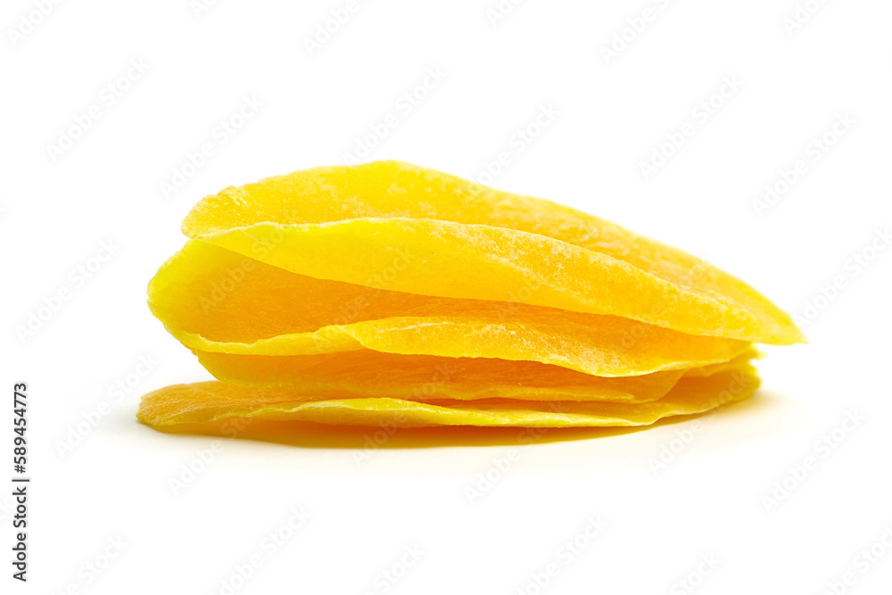 Dried mango slices isolated on white background. Stack of dehydrated ...