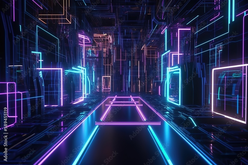3d render, abstract neon light background, glowing panels in ...