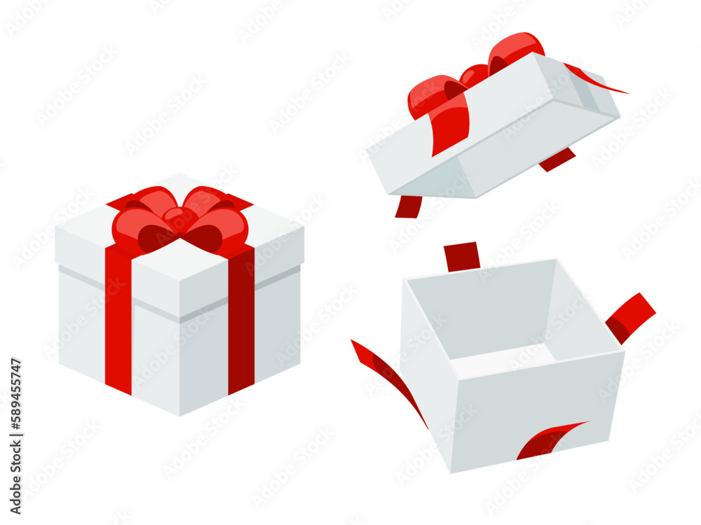 Open a mystery gift box with a red ribbon on isolated white background ...