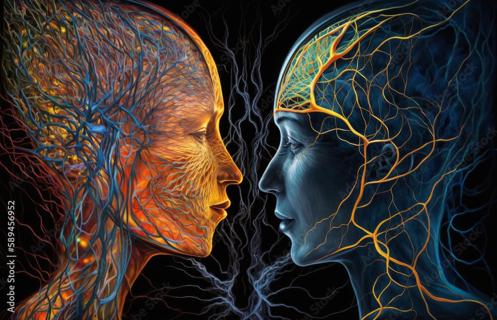 Silhouettes of two people with glowing neural connections. The concept ...
