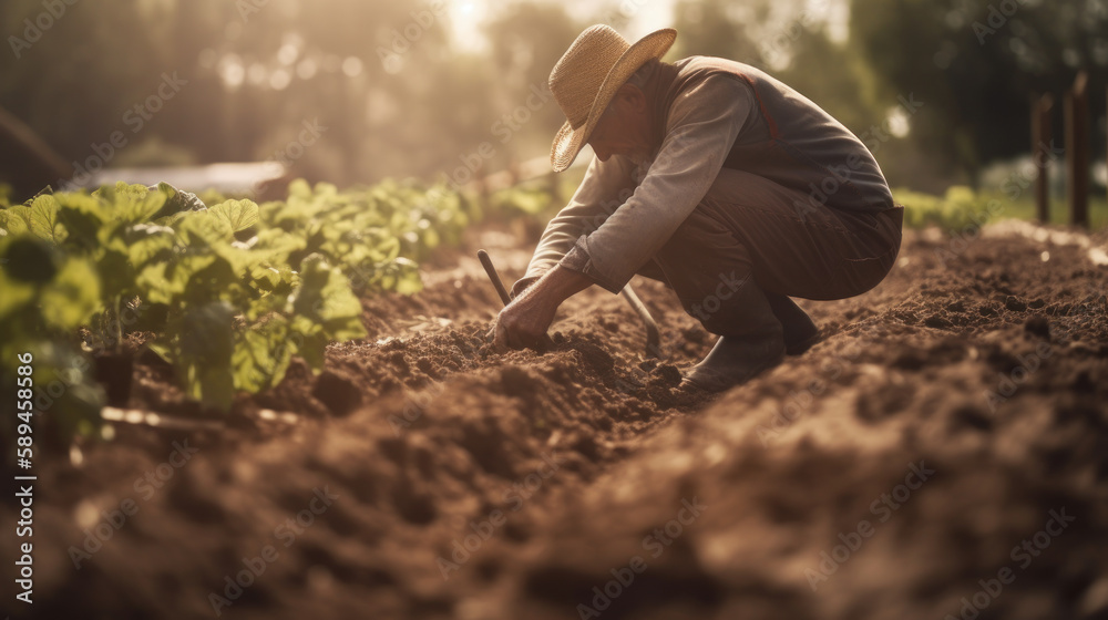 An engaging photo of a farmer tending to an organic vegetable garden ...