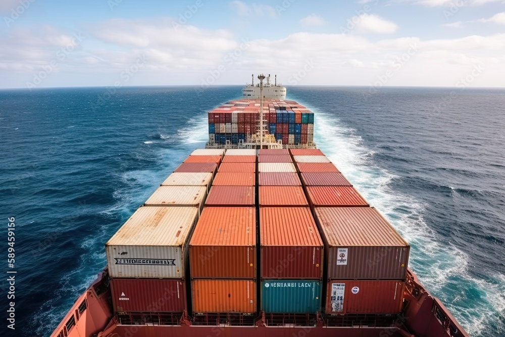 The deck of a massive container ship is shown, with rows of stacked ...