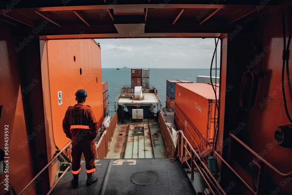 The deck of a massive container ship is shown, with rows of stacked ...
