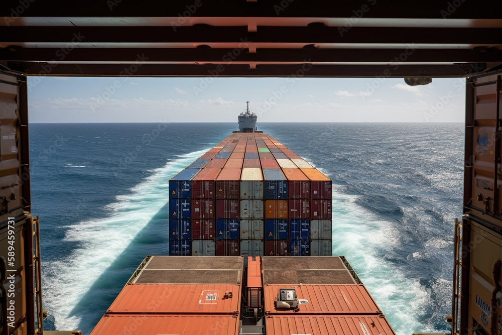 The deck of a massive container ship is shown, with rows of stacked ...