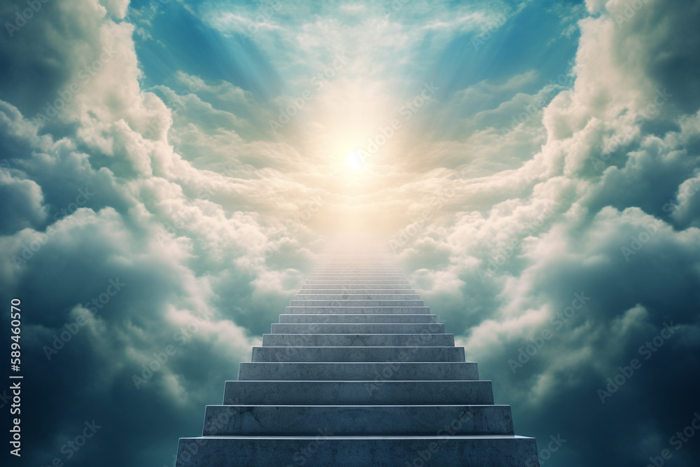 Stairs to heaven visualization. Stone stairs going up to the cloudy sky ...